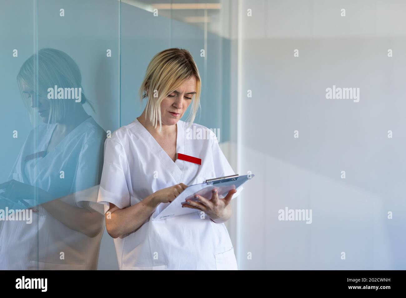 Female doctor checking file in hospital Stock Photo - Alamy