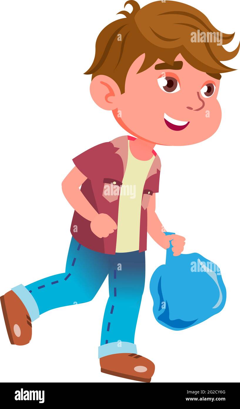 little boy carrying trash bag to garbage cartoon vector Stock Vector ...