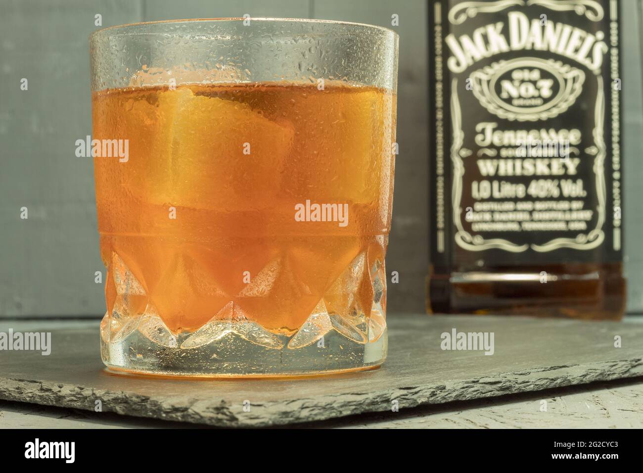 Warsaw, Poland - May 22, 2021: Glass of Jack Daniels whiskey with ice ...