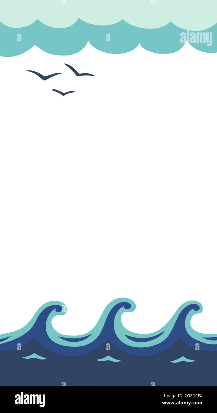 Vertical vector Background With three waves, blue sky, birds. Modern ...