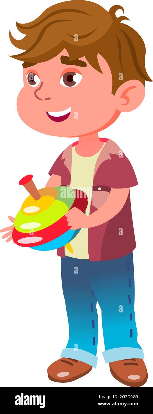 cute little boy play with humming top in children room cartoon vector ...
