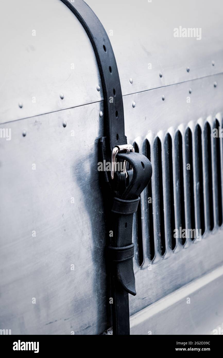 The leather bonnet strap of a vintage 1930s British racing car Stock ...