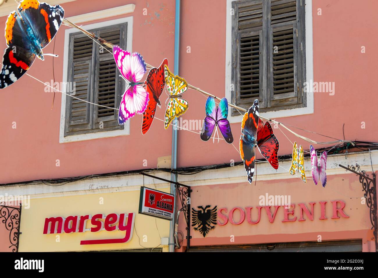 Butterfly street decorations outside souvenir shop in Rruga Kole ...