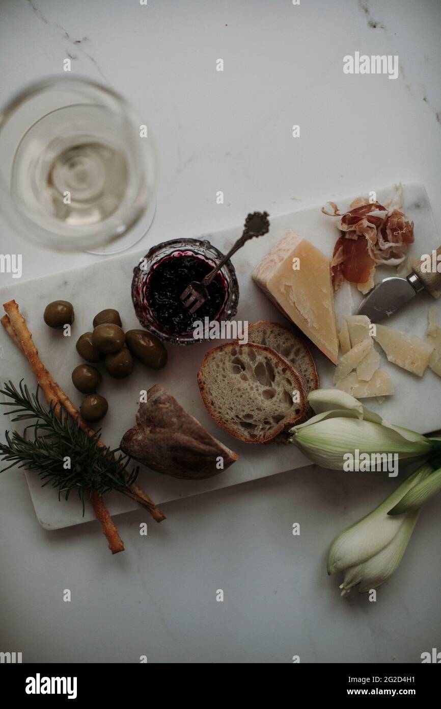 Cheese and bread on table Stock Photo - Alamy