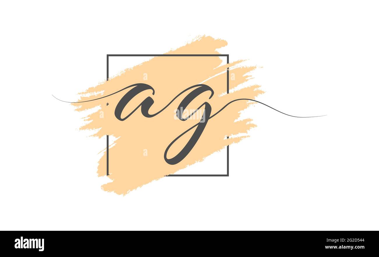 Calligraphic lowercase letters AG on a colored background in a frame ...