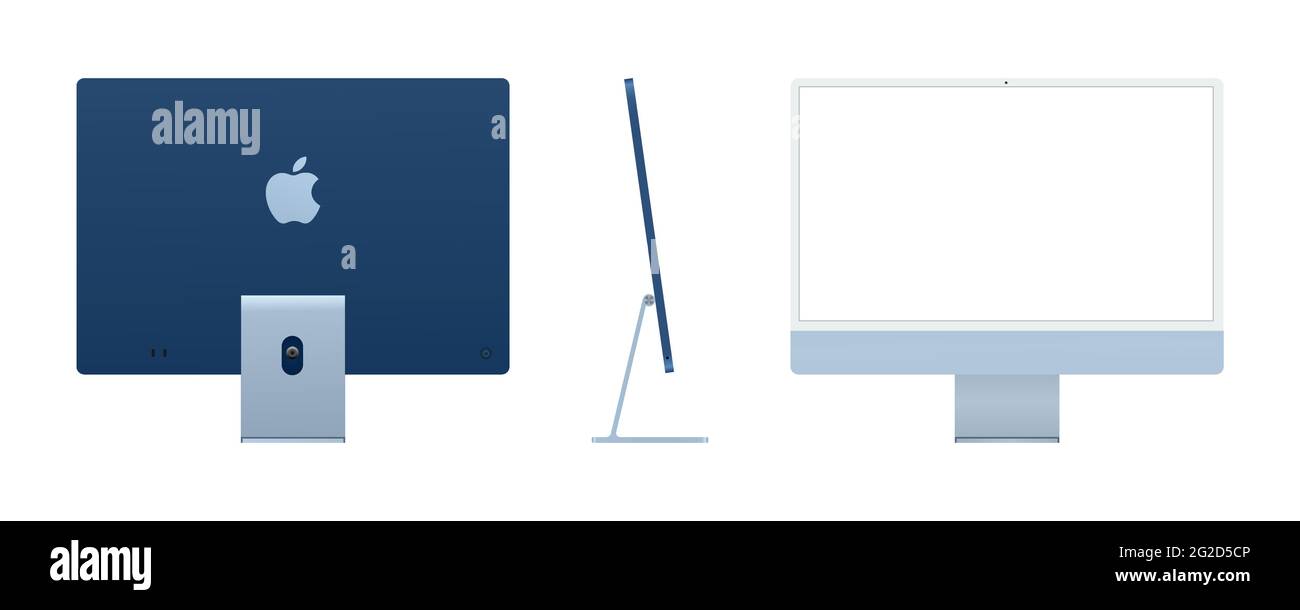 Vinnytsia, Ukraine - June 10, 2021: New iMac 2021 computer. Front, side ...