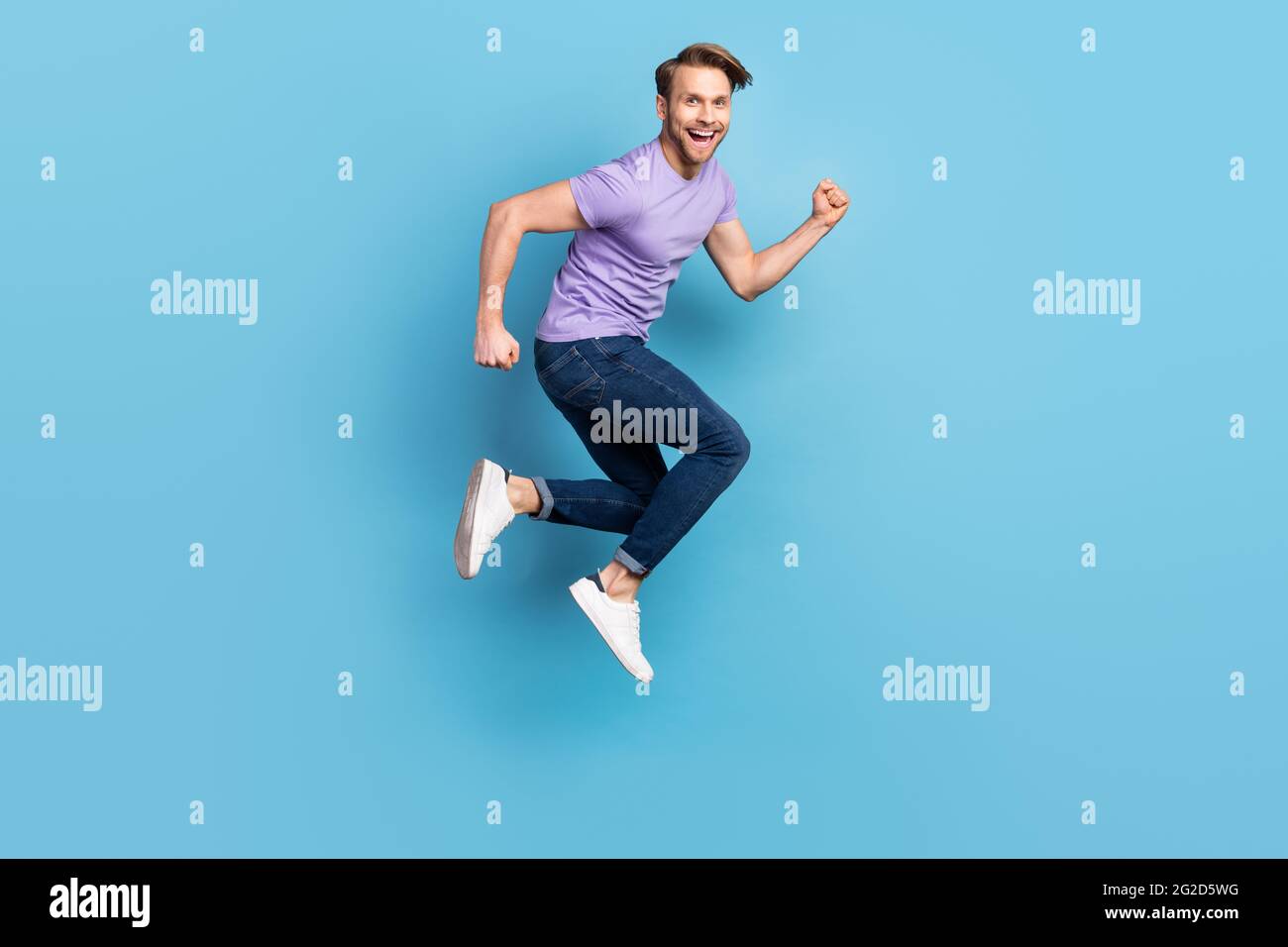 Full length body profile photo of cheerful careless man jumping high ...