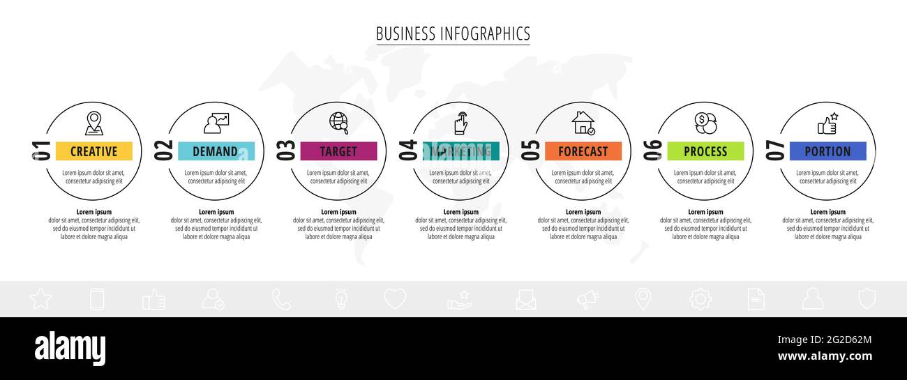 Line vector infographics with seven circles and icons. Template with 7 ...