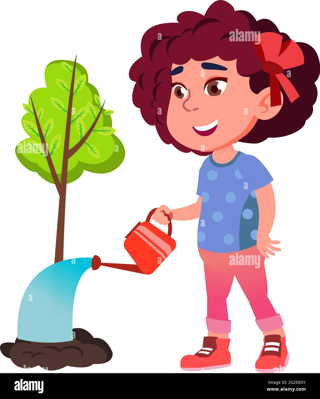 helpful little girl watering tree in park cartoon vector Stock Vector ...