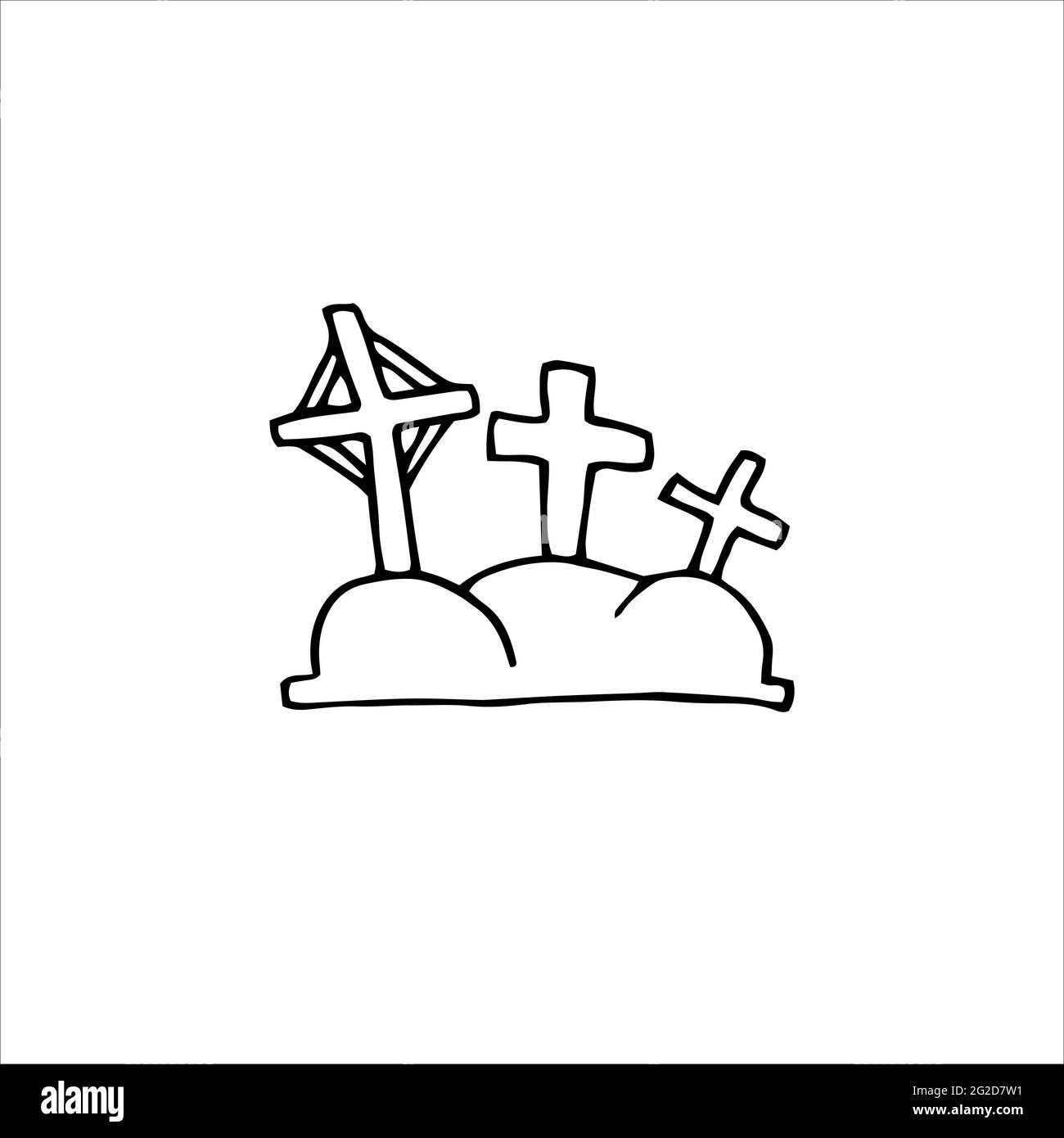 Vector doodle crosses. Outline grave isolated on white background. Crooked crosses on the tomb ...