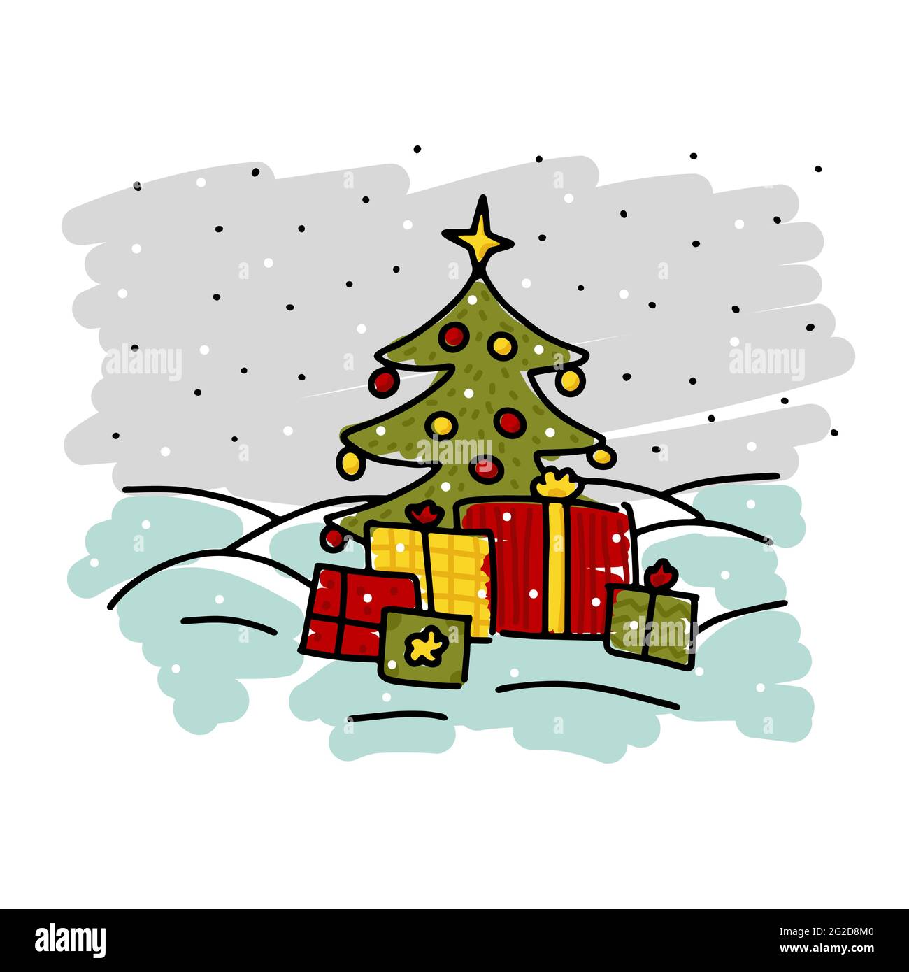 Cartoon Christmas tree concept. Landscape with Christmas fir tree ...