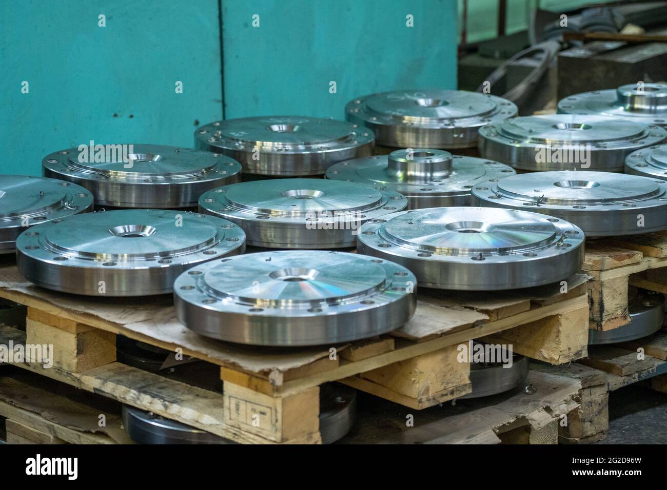 Steel round products in metal processing plant or factory close up ...