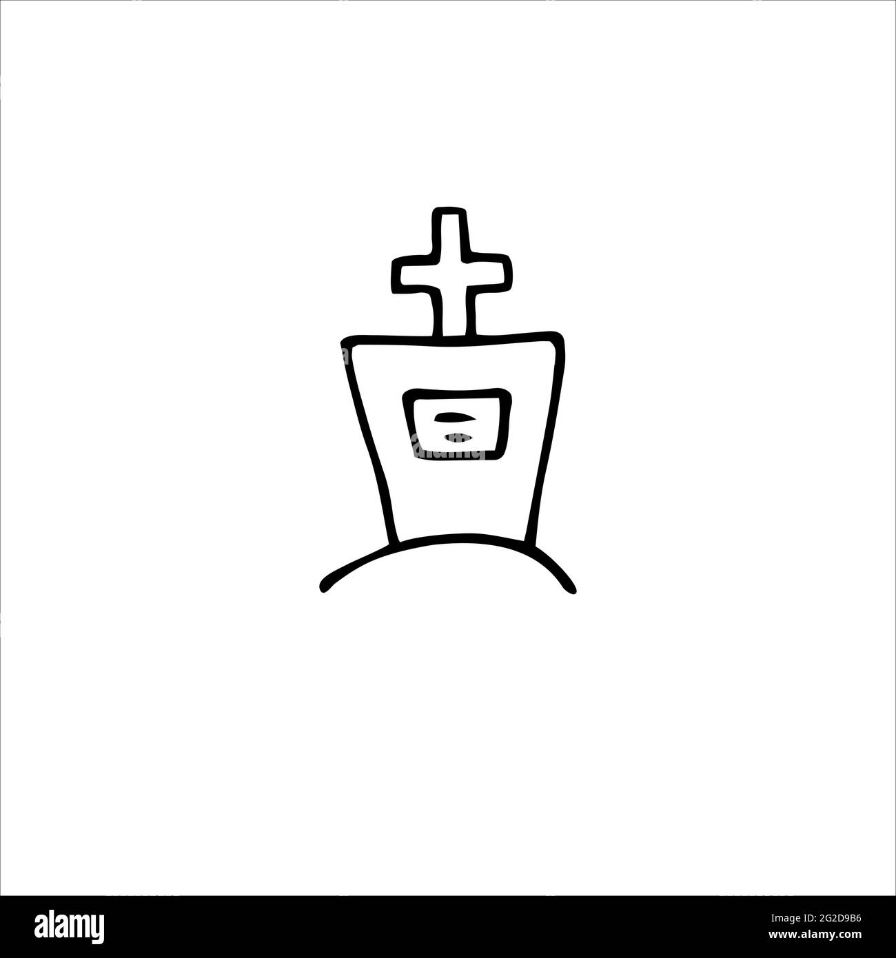 Vector doodle cross. Outline grave isolated on white background. Headstone, cross on the tomb on ...