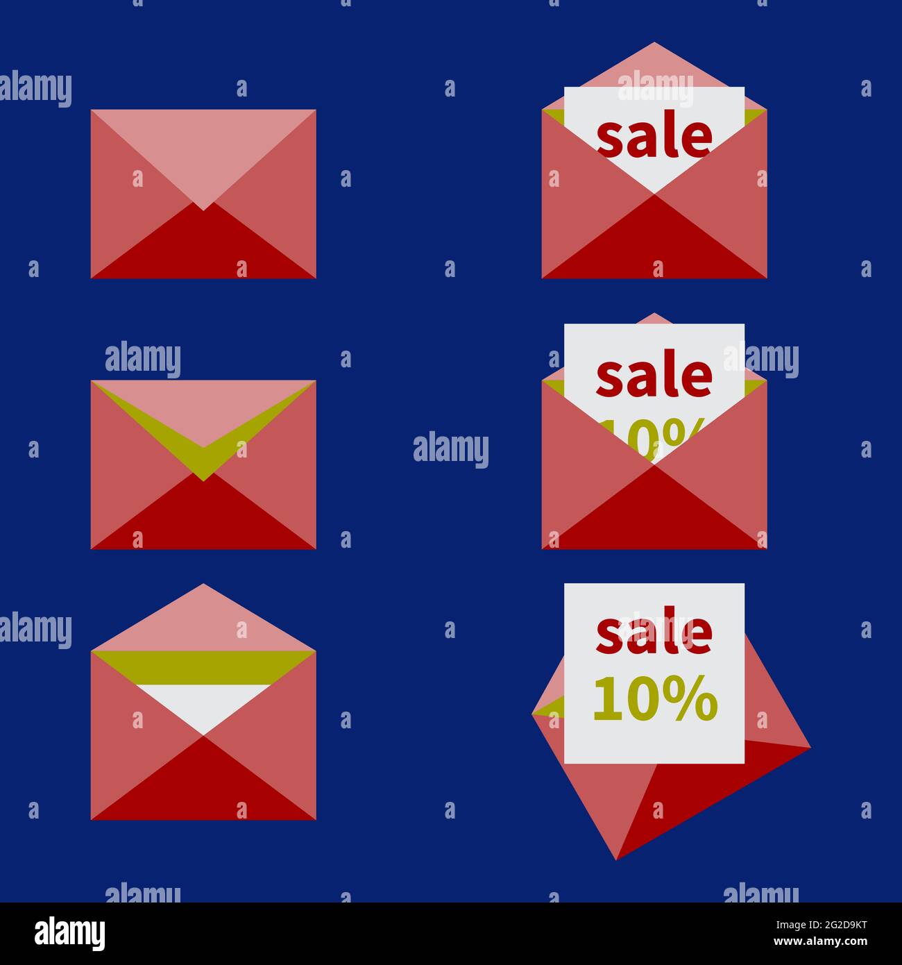 Postal envelopes set. Closed, half-open envelopes and four open ...