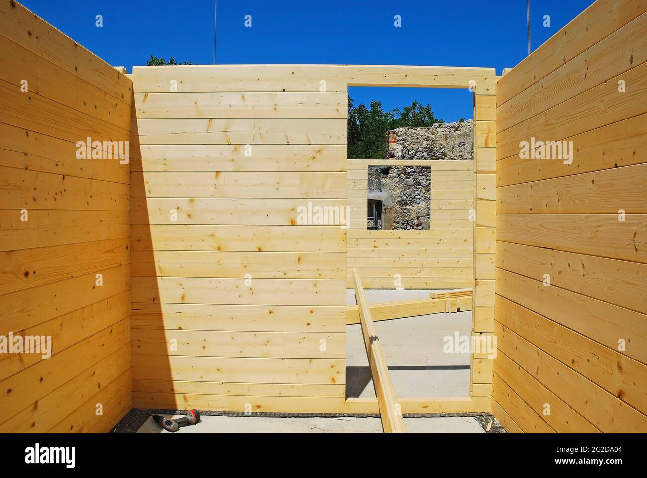 Door frame in a part constructed block house, a pre-cut wood house ...