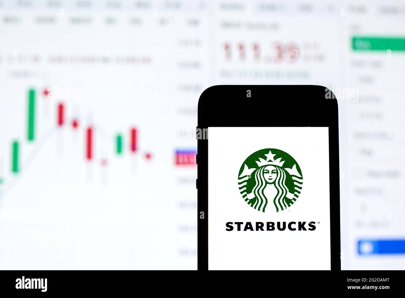 In this photo illustration a Starbucks logo seen displayed on a ...