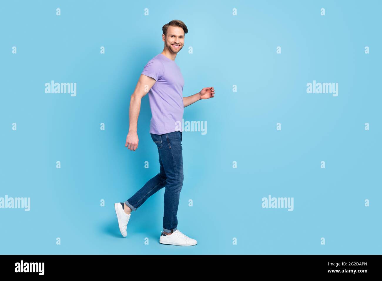 Full length body size side profile photo of confident guy going forward ...