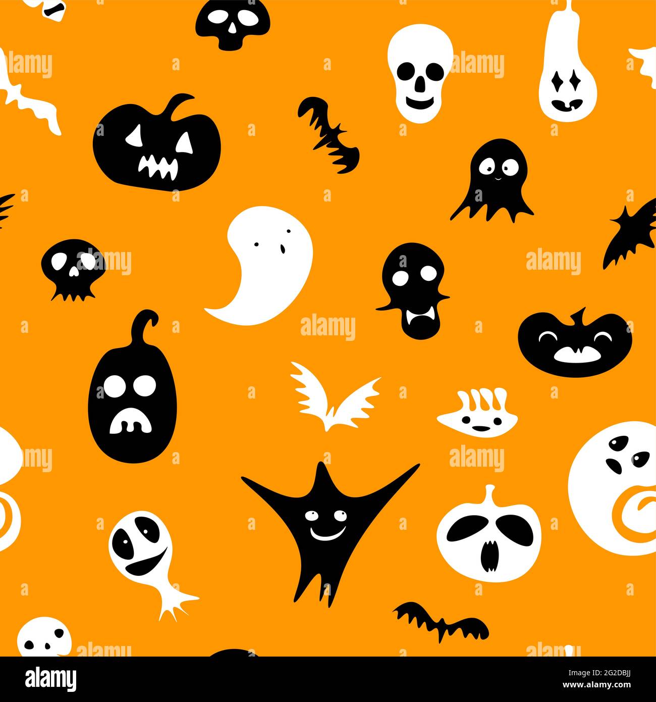 Seamless Happy Halloween pattern. Black white ghost, pumpkin, skeleton ...