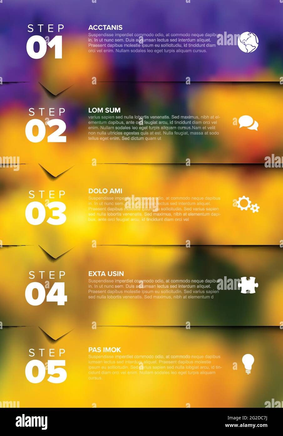 Five vector progress block steps template with descriptions, big numbers and icons and bigh ...