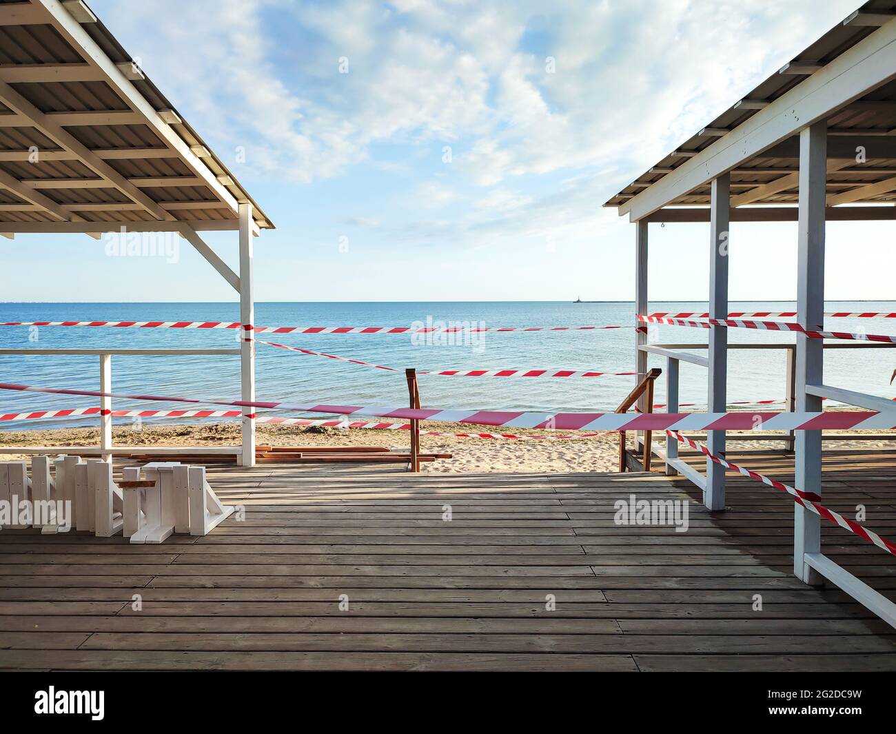 Beach bar closed with warning tape due to reconstruction or ...