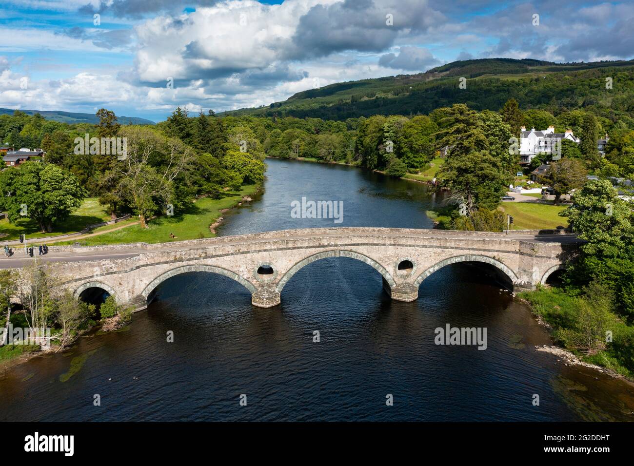 Aerial view of Kenmore village and Kenmore Bridge crossing the River ...