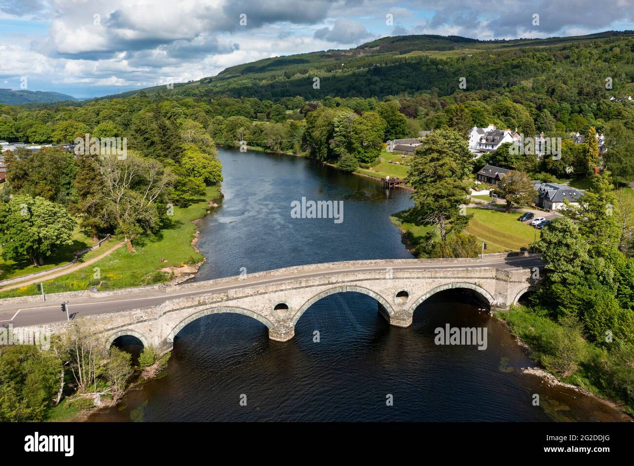 Aerial view of Kenmore village and Kenmore Bridge crossing the River ...
