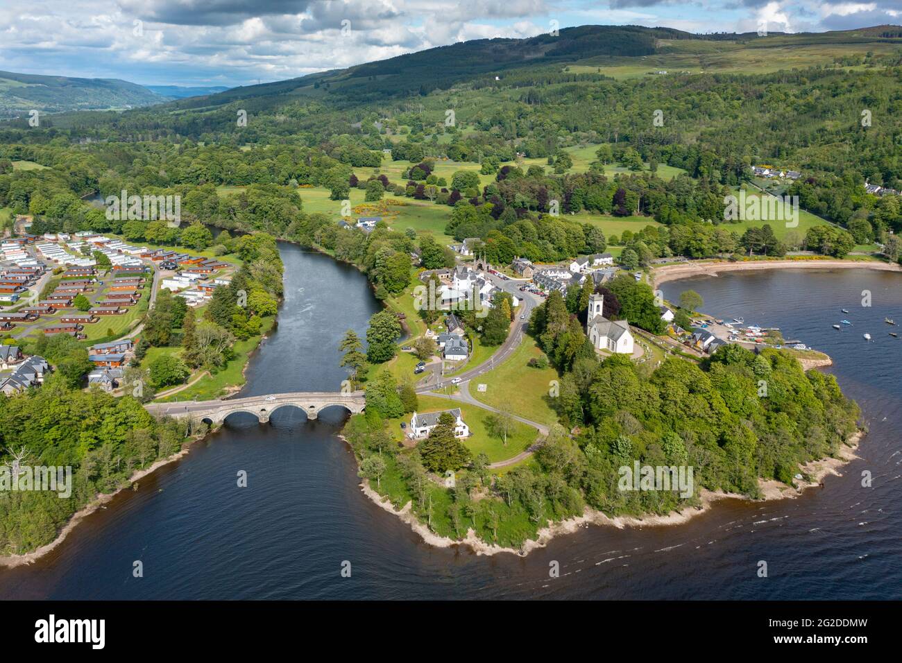 Aerial view of Kenmore village and Kenmore Bridge crossing the River ...