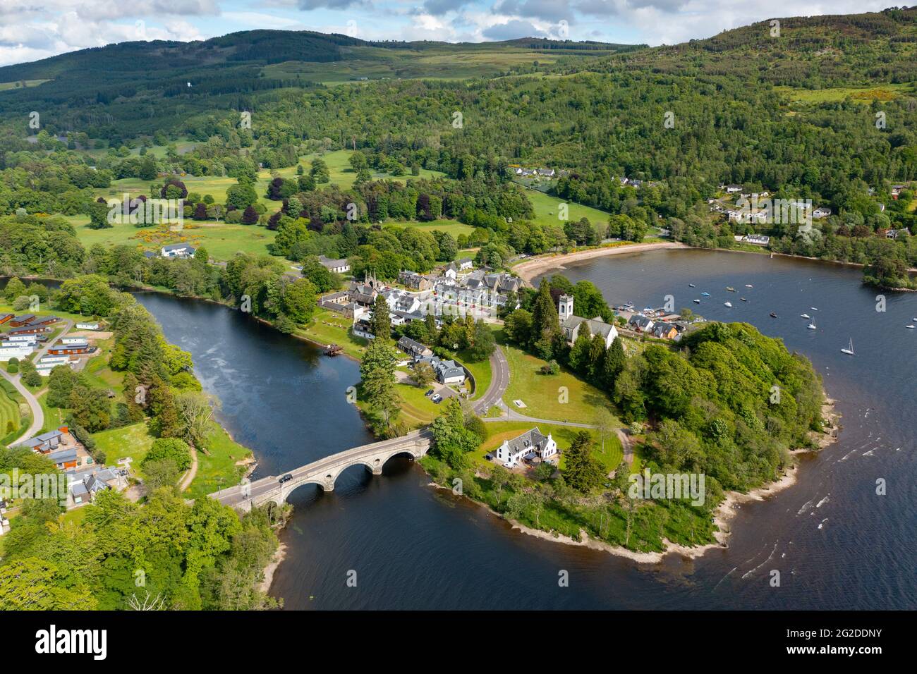 Aerial view of Kenmore village and Kenmore Bridge crossing the River ...