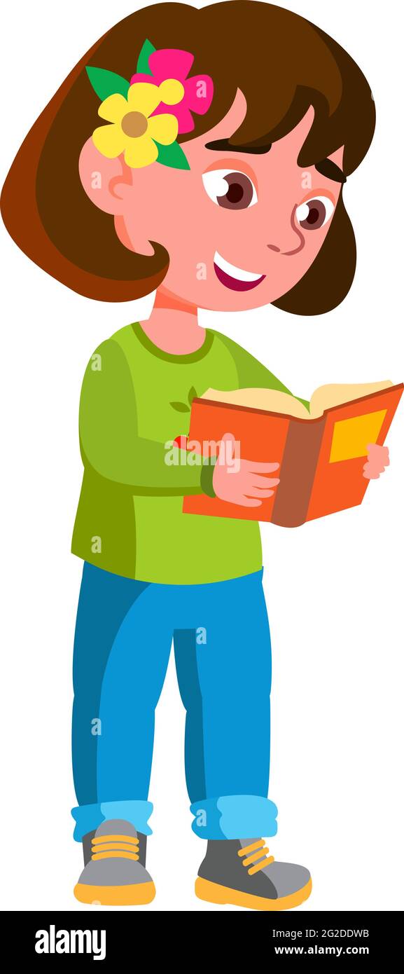 funny little girl reading book in bookstore cartoon vector Stock Vector ...