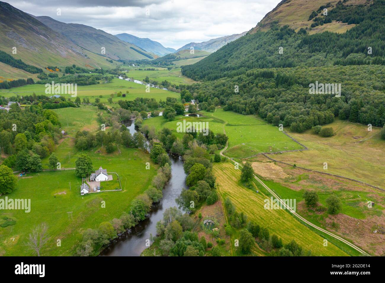 Aerial view form drone of landscape and River Lyon in Glen Lyon ...