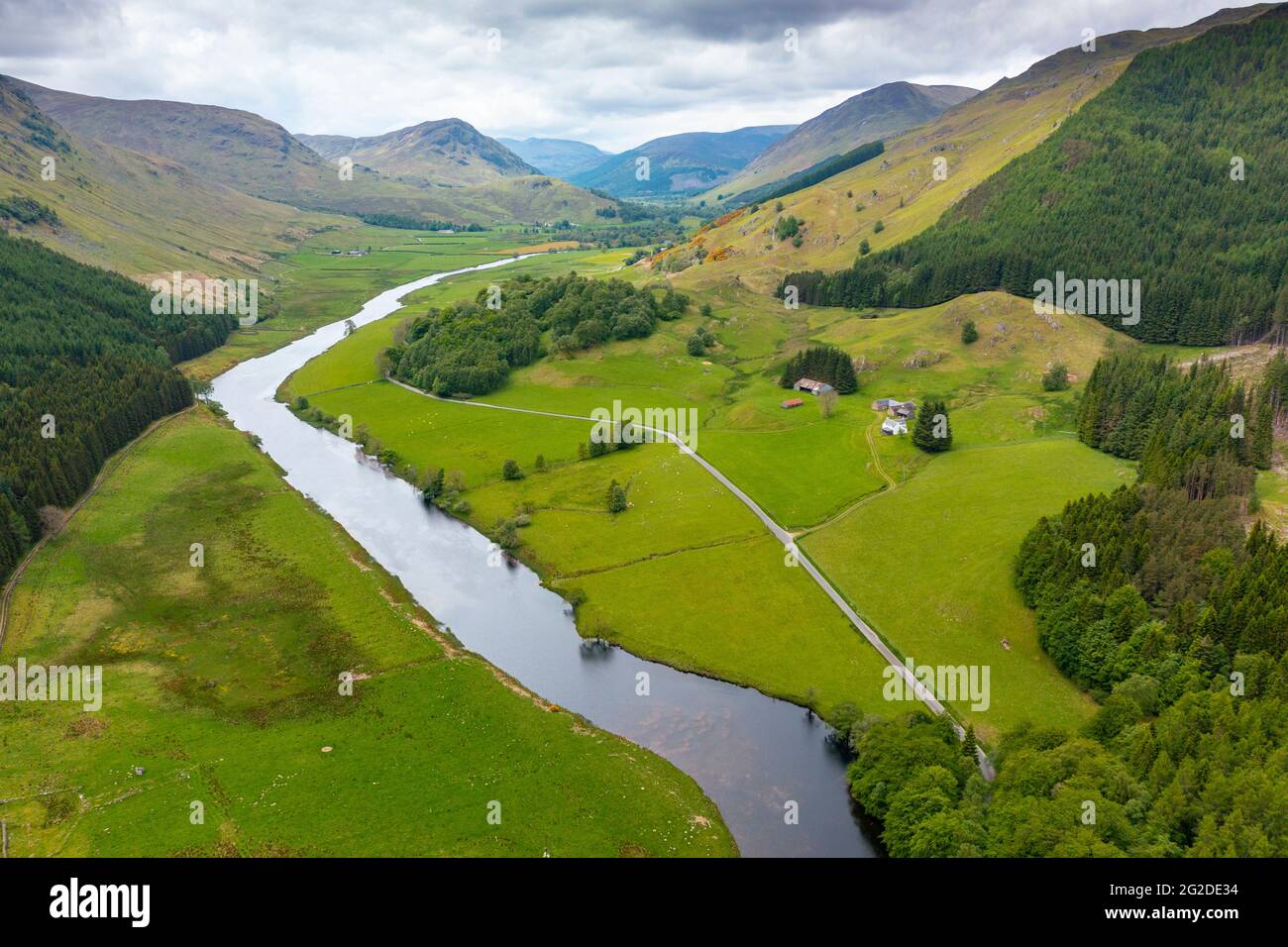 Aerial view form drone of landscape and River Lyon in Glen Lyon ...