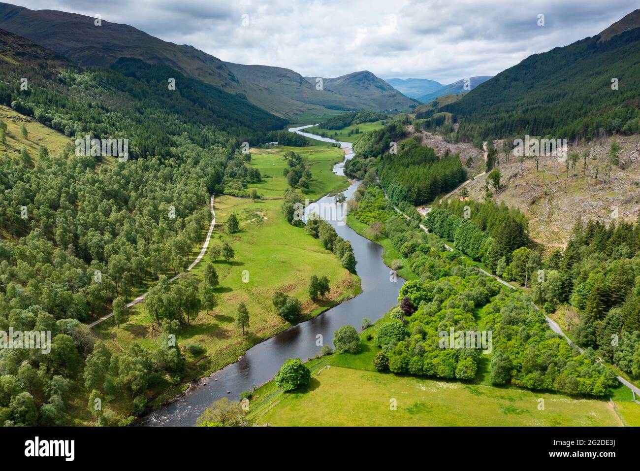 Aerial view form drone of landscape and River Lyon in Glen Lyon ...