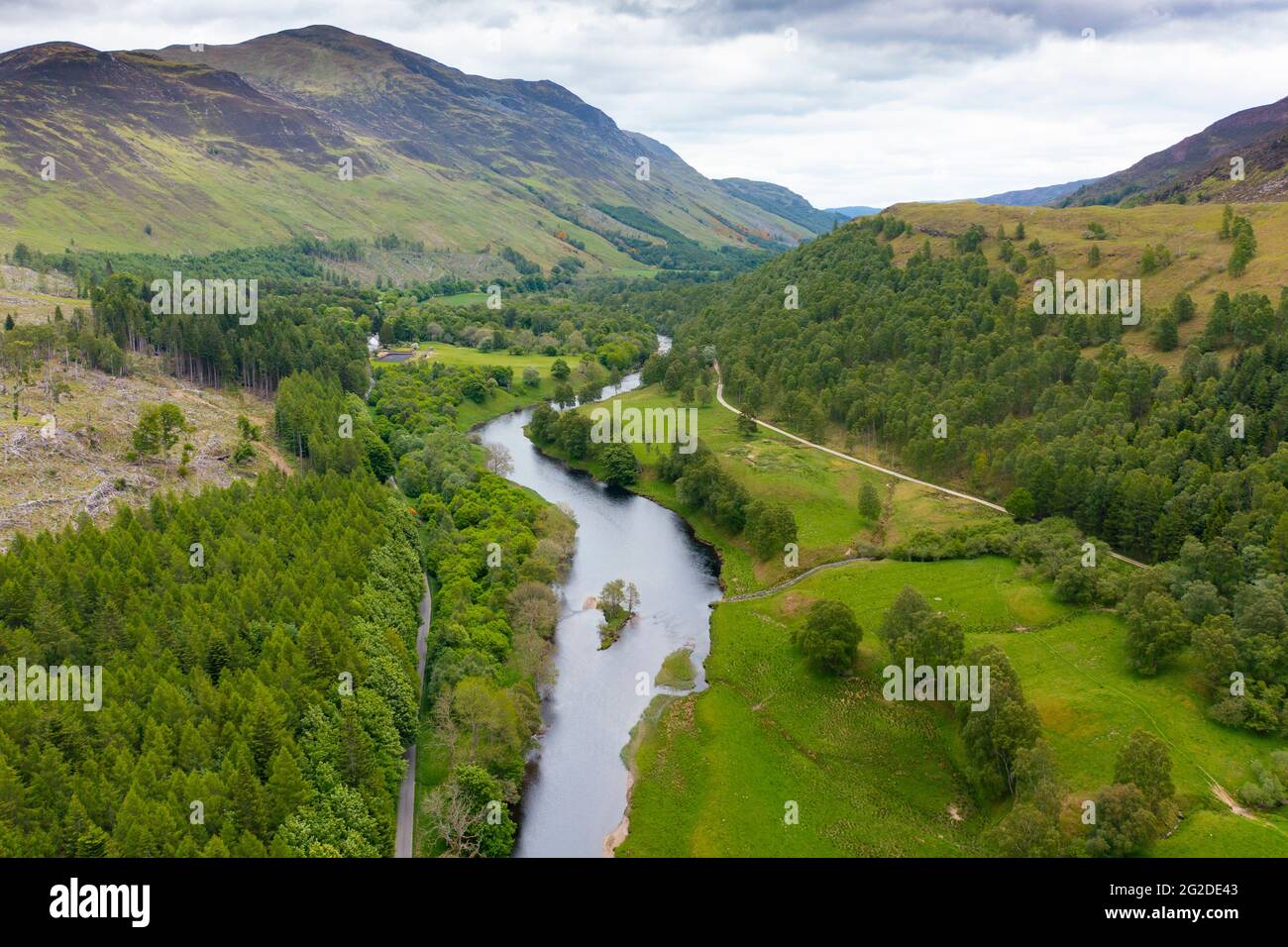 Aerial view form drone of landscape and River Lyon in Glen Lyon ...