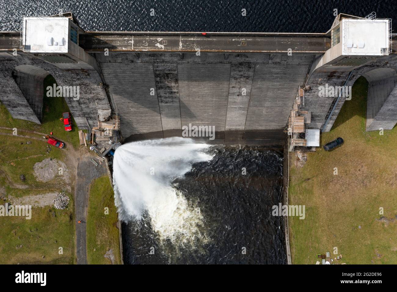 Aerial view from drone of Lubreoch Dam spillway and power station at ...
