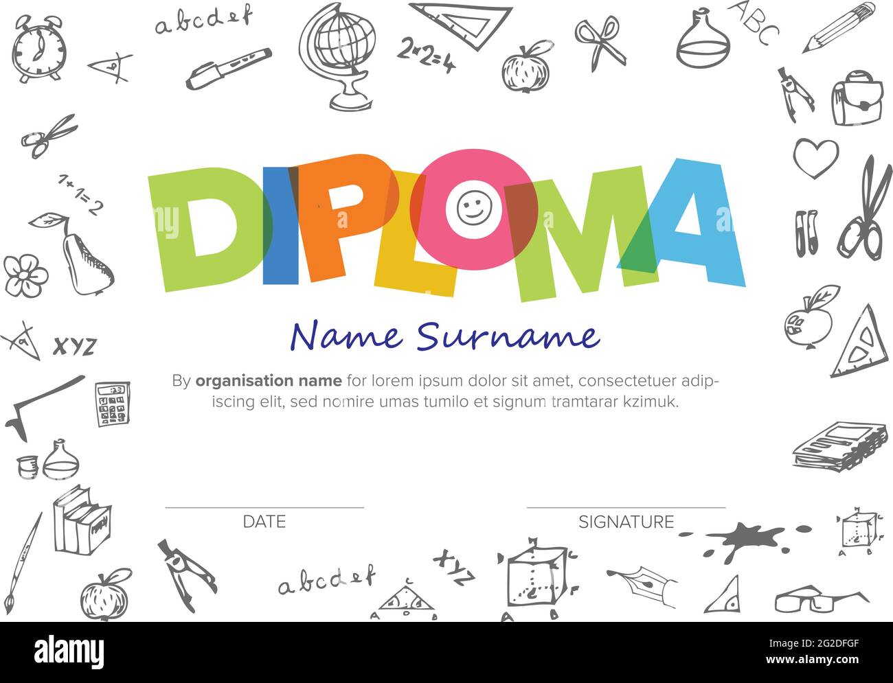 Colorful child diploma certificate template with gray doodles frame and ... Colorful child diploma certificate template with gray doodles frame and ...
