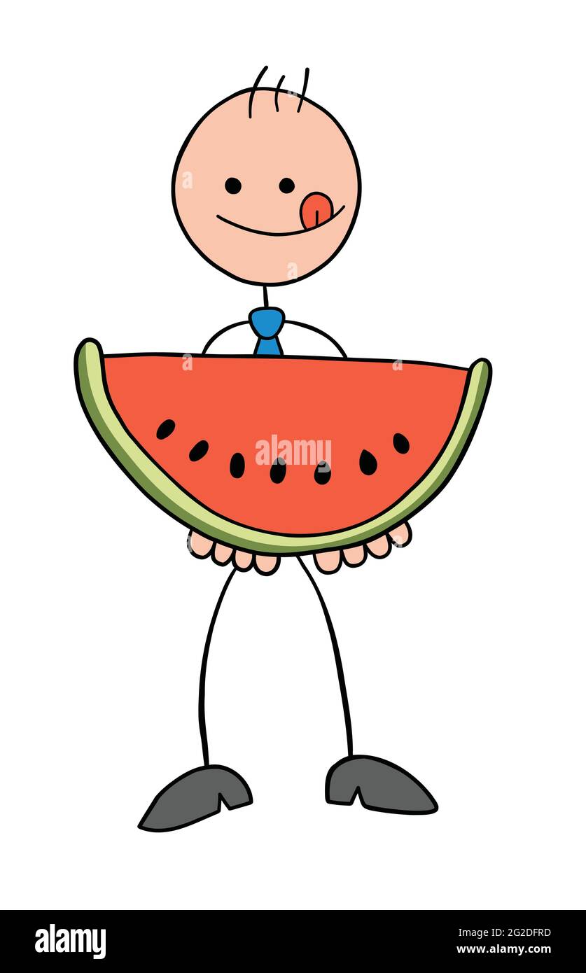 Stickman businessman character holding watermelon slice and wants to ...