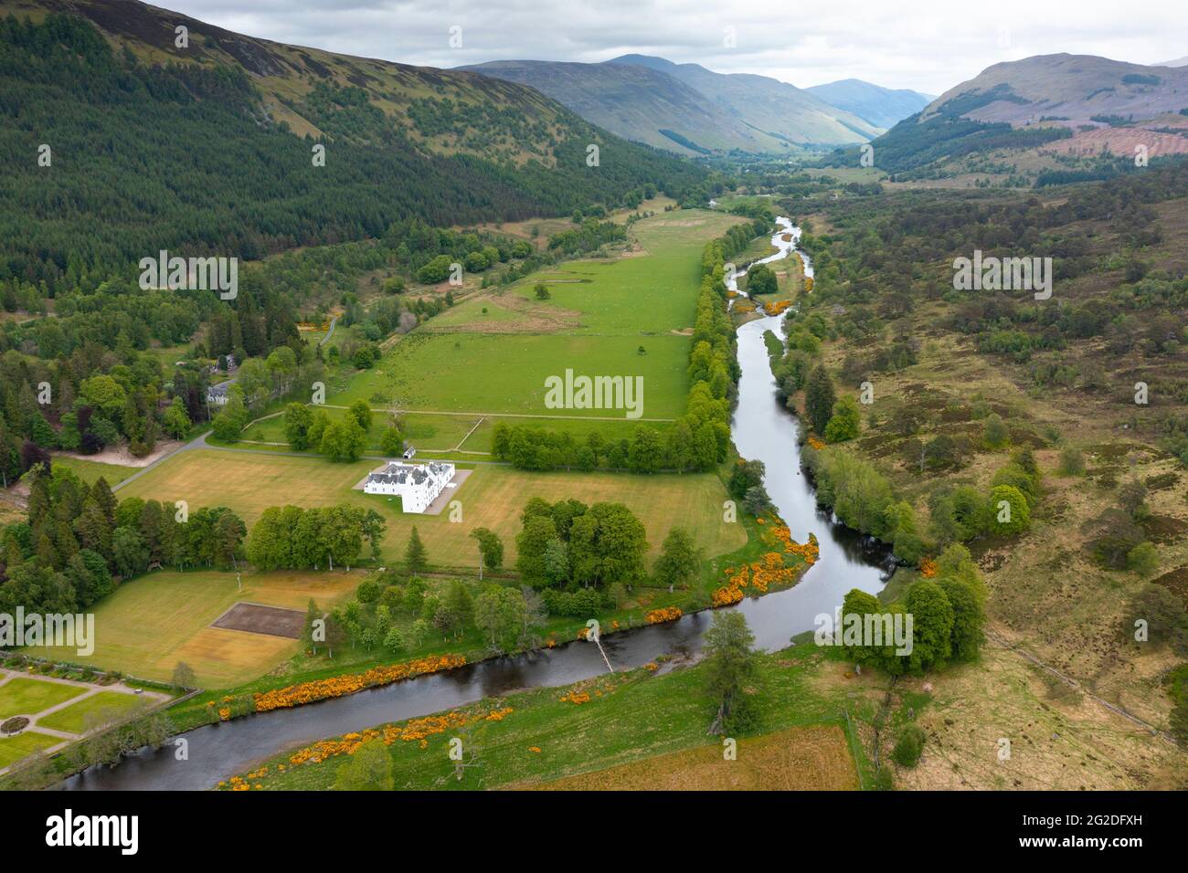 Aerial view form drone of landscape at Meggernie Castle and River Lyon ...