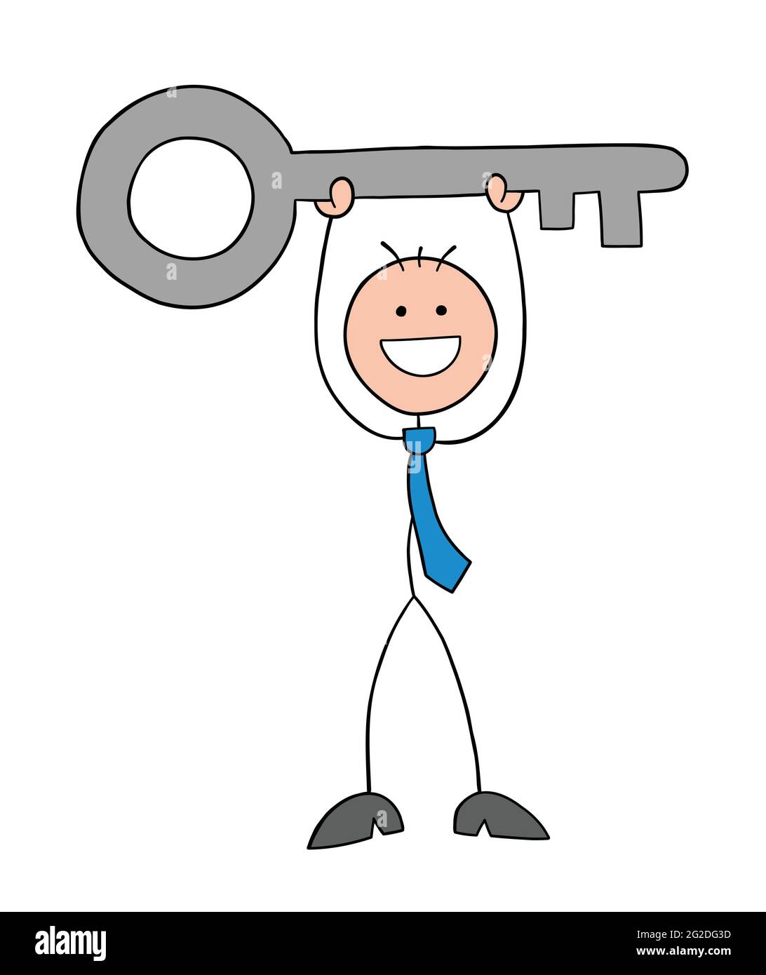 Stickman businessman character happy and raising big key, vector ...