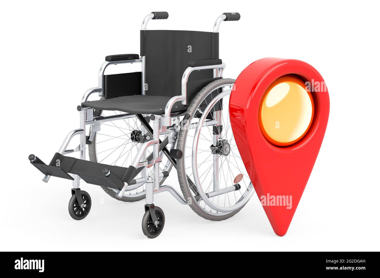 Map pointer with manual wheelchair. 3D rendering isolated on white ...