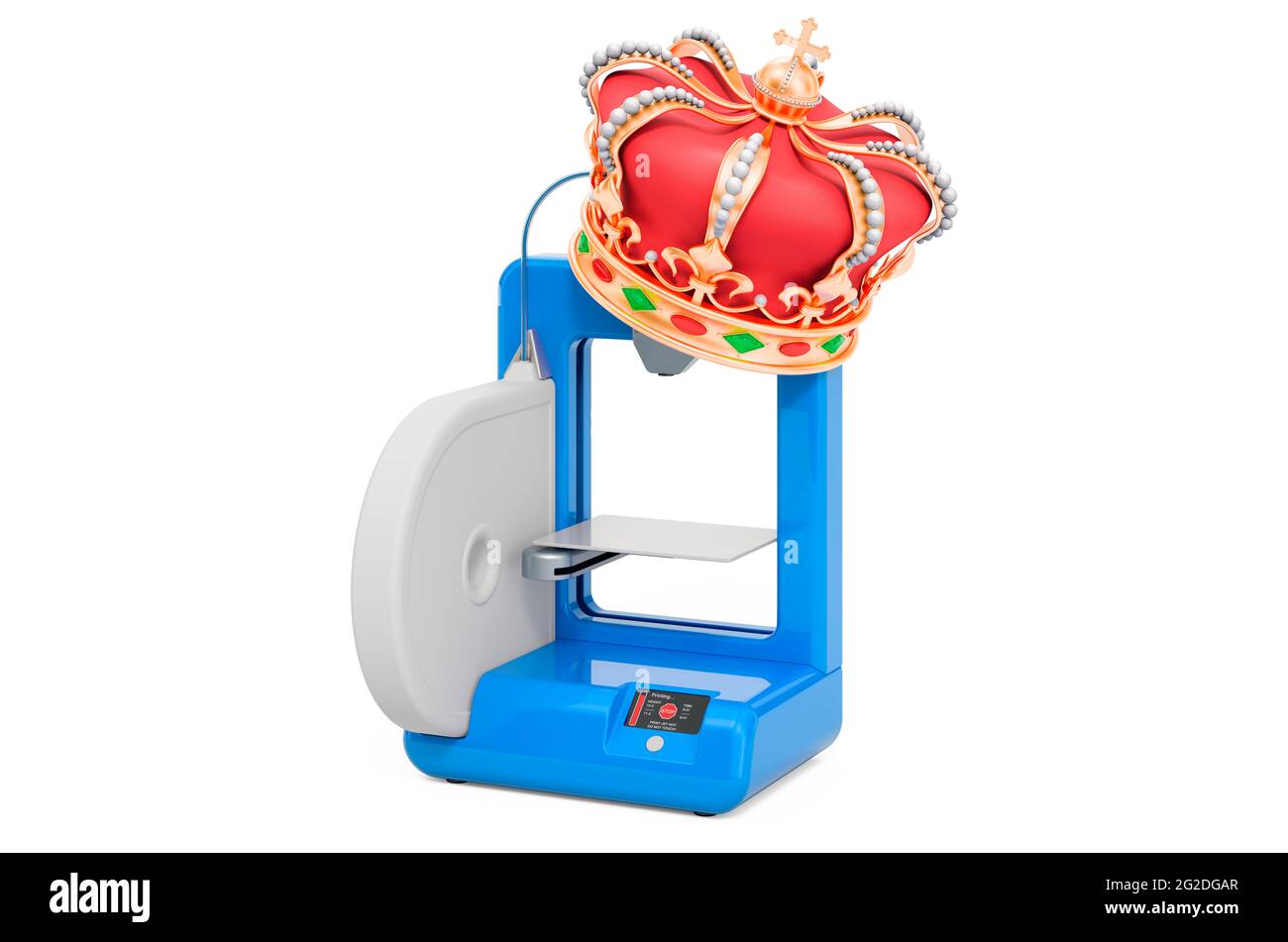 3D printer with golden crown, 3D rendering isolated on white background ...