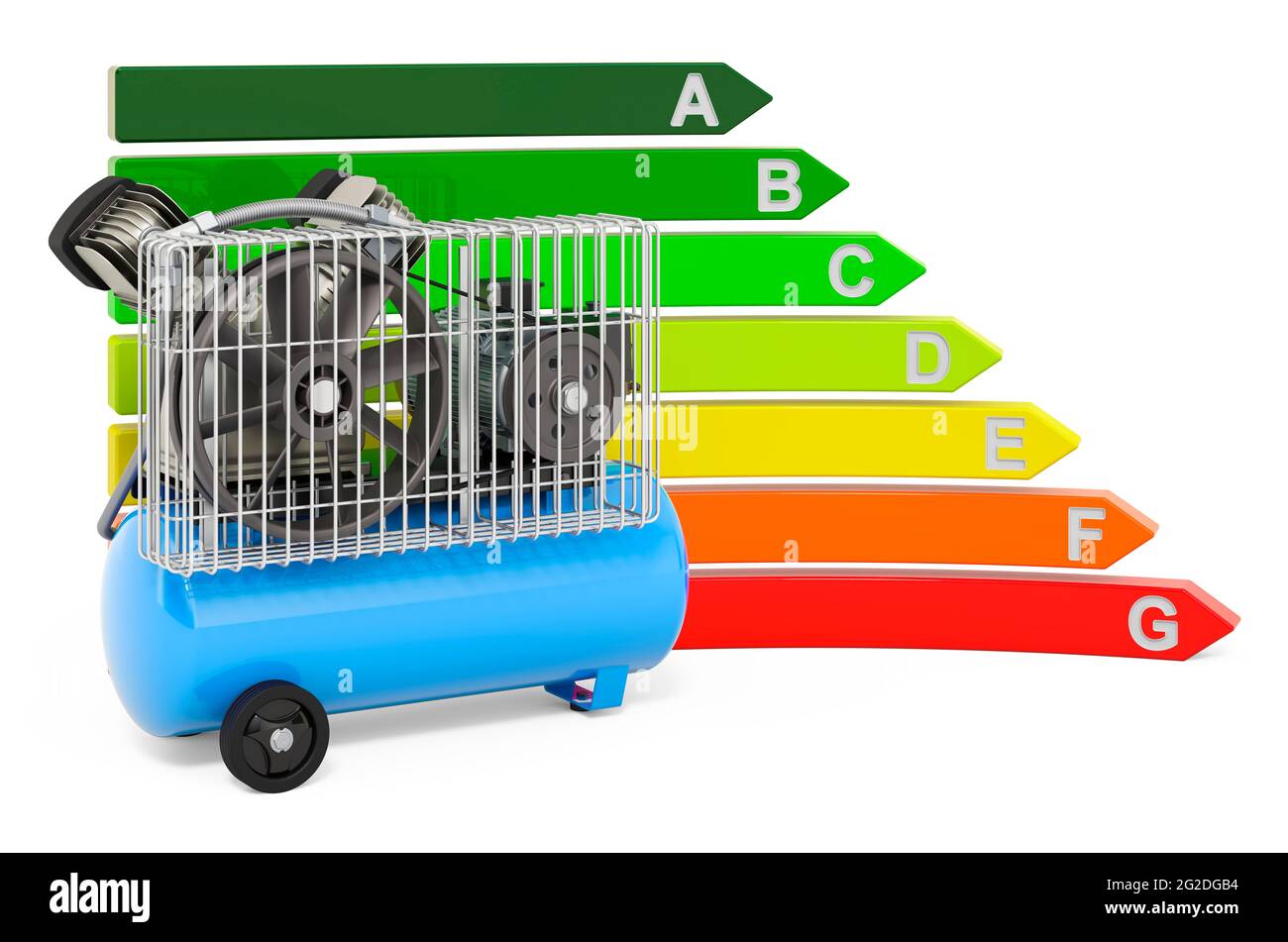 Air compressor with energy efficiency chart, 3D rendering isolated on ...