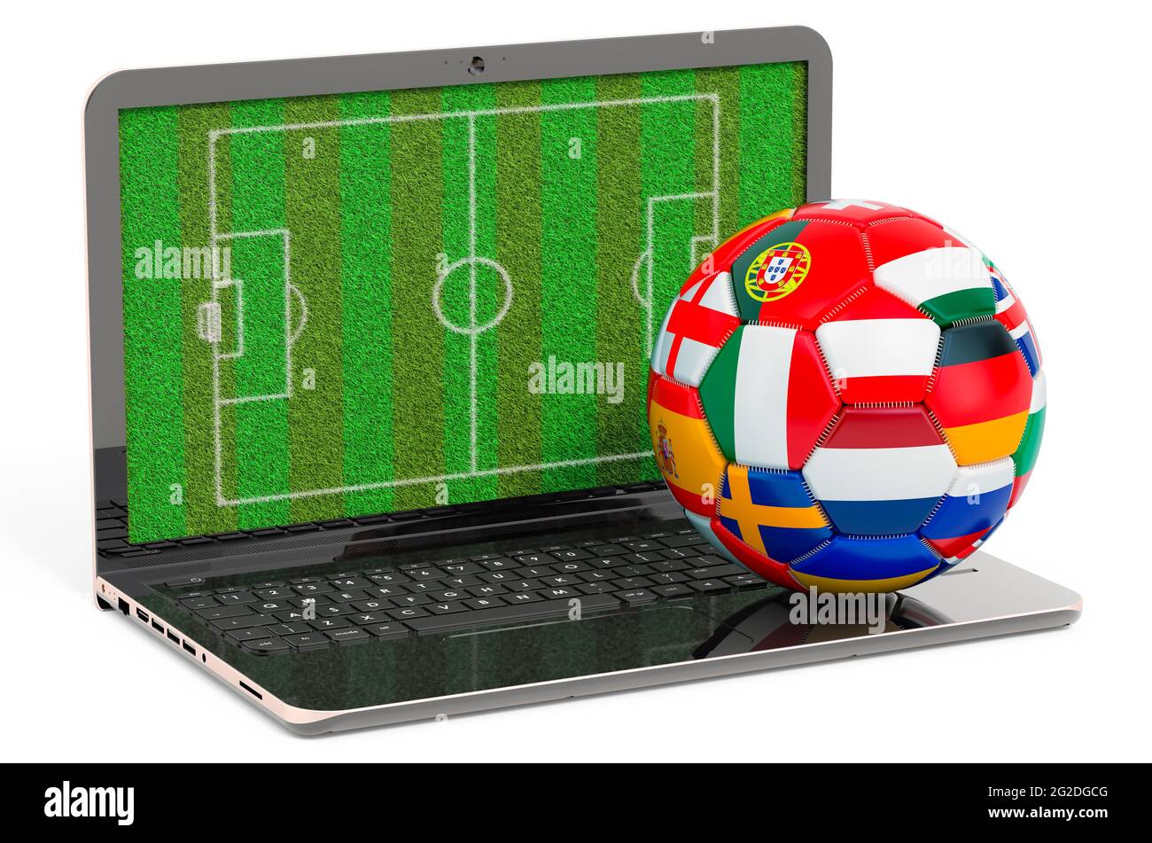 Laptop and soccer ball with flags, 3D rendering isolated on white ...