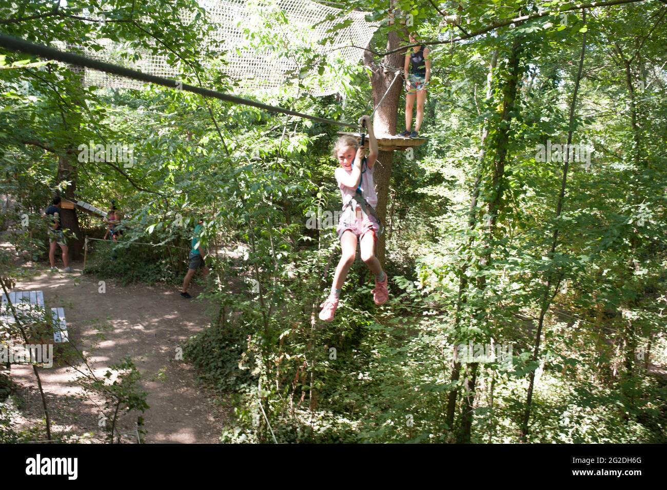 A person enjoying the fun of a nature park with rope swings, ladders ...