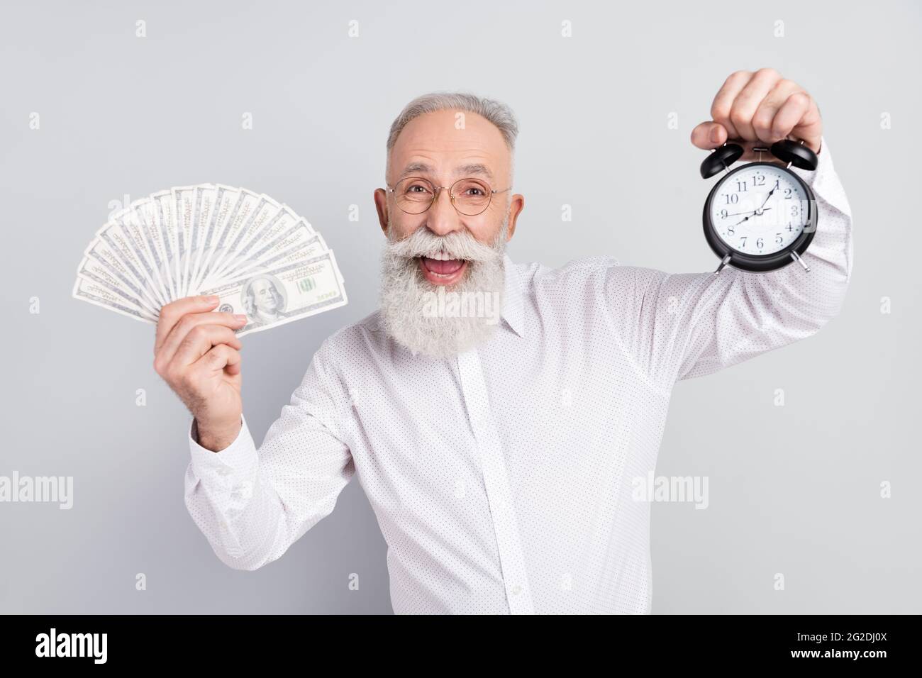 Photo of aged man happy positive smile hold cash dollars money rich ...