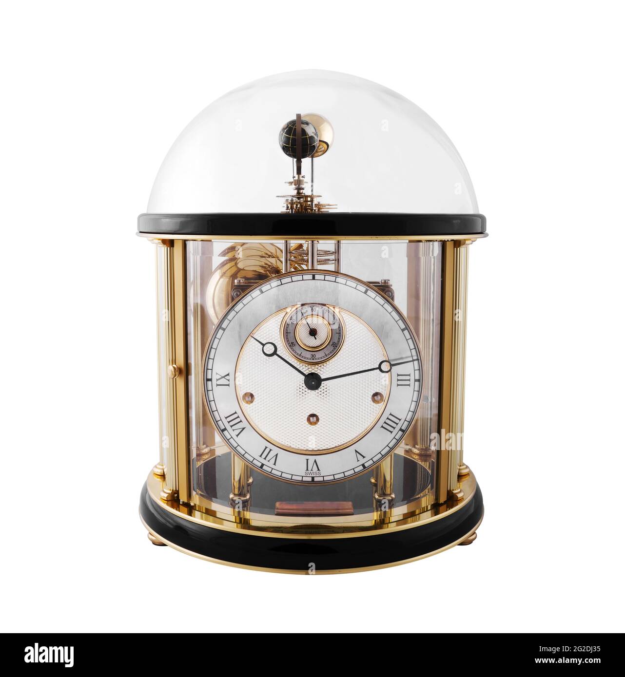 Mechanical clock with roman numerals isolated on a white background ...