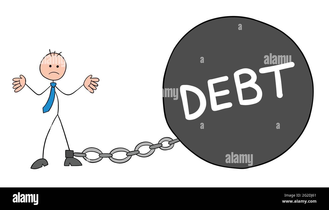 Stickman businessman character went bankrupt and chained to debt weight ...