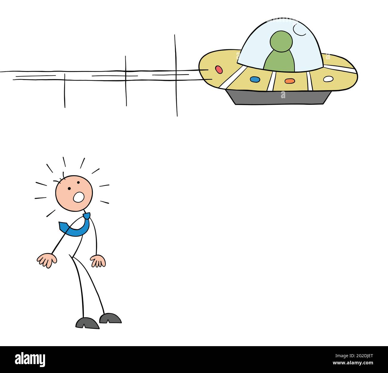 Stickman businessman character sees UFO and is surprised, vector ...