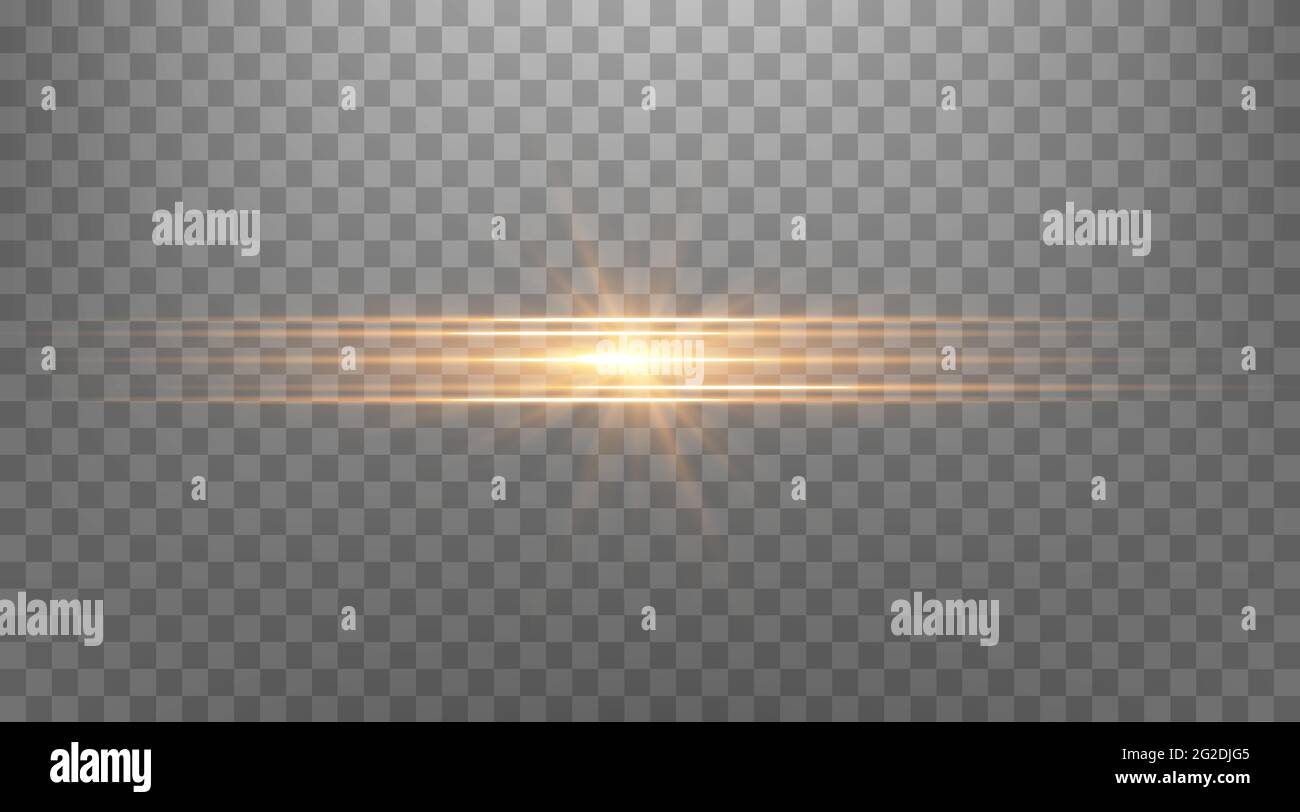 Gold horizontal lens flare. Isolated on transparent background. Sun flash with rays or gold ...