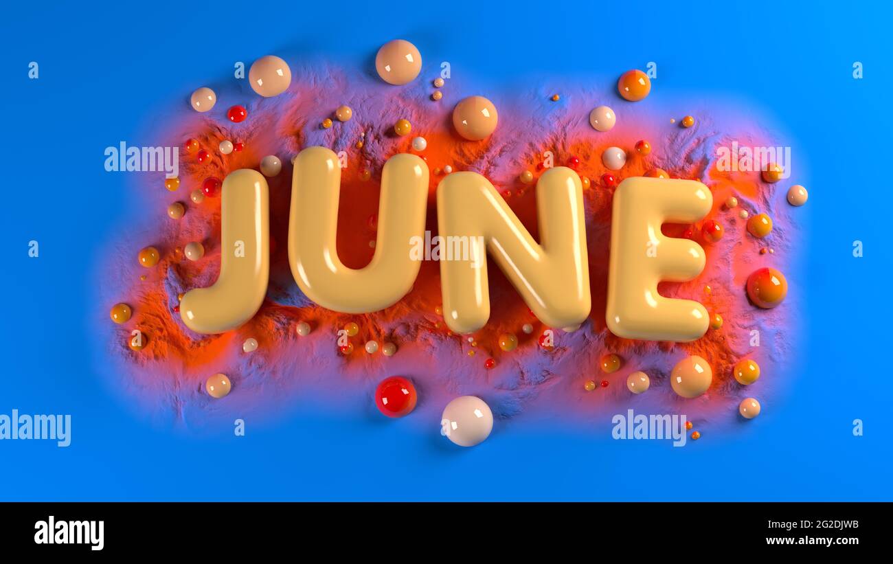 Soft orange plump word JUNE surrounded by orange spheres over bright ...