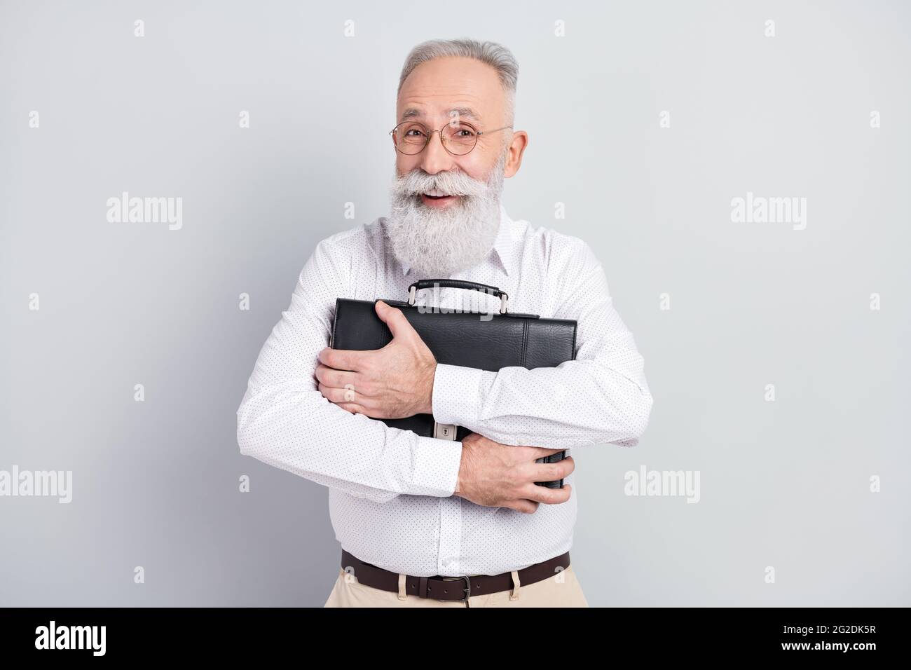 Photo of happy cheerful attractive positive old man hug embrace ...